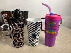 Assorted Drinking Vessels Including Insulated Bottles, Plastic Cups ...