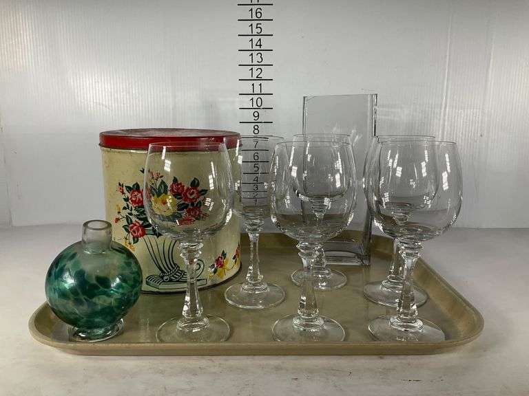 Clear Glassware, Metal Tin, and Sphere Shaped Glass Decor - Hash Auctions
