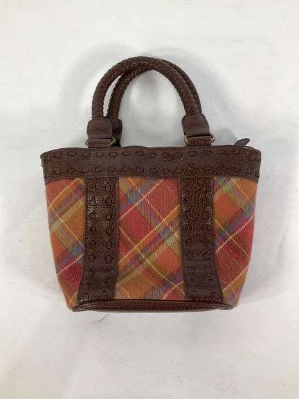 Plaid Fabric Handbag with Brown Textured Handles and Trim - Hash Auctions
