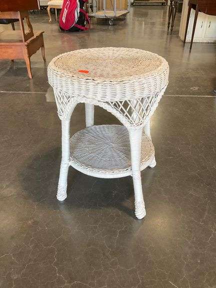 White Wicker Two-Tier Round Side Table, 16” Round x 23” Tall - Hash ...