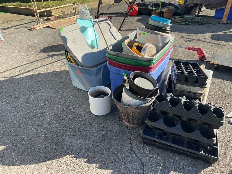 Storage Totes with Mismatched Lids and Assorted Planters - Hash Auctions