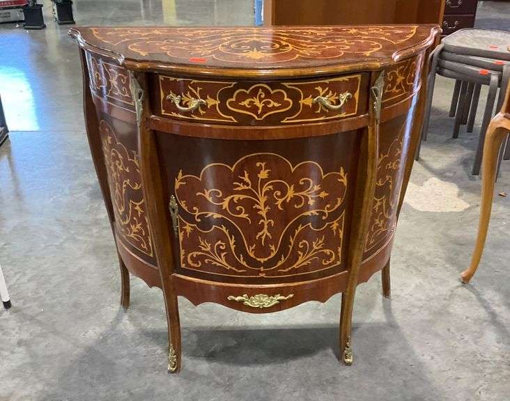 Marquetry Demilune Console Cabinet with Inlaid Detailing - Hash Auctions