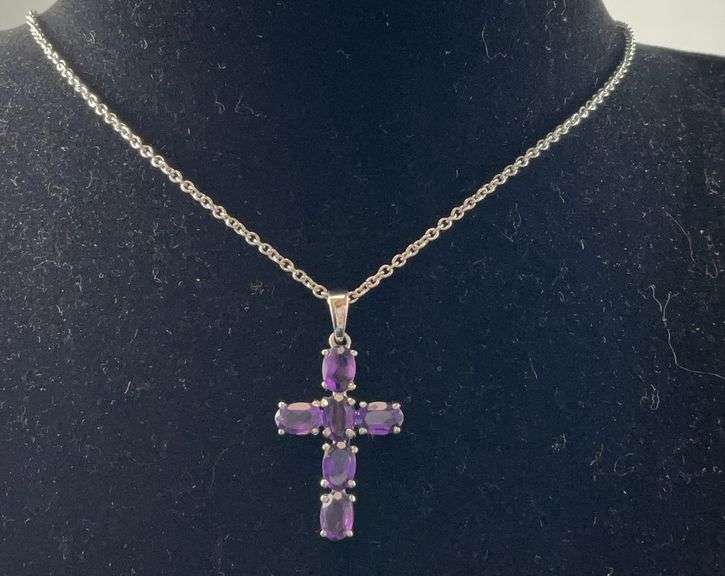 Amethyst 20in stainless cross pendant necklace with magnetic clasp ...