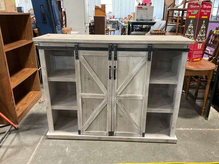 Gray Sliding Barn Door Storage Console With Open Side Shelves, 48×13.5× ...