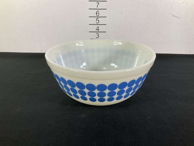 Milk Glass Mixing Bowl with Blue Polka Dot Design by Pyrex - Hash Auctions