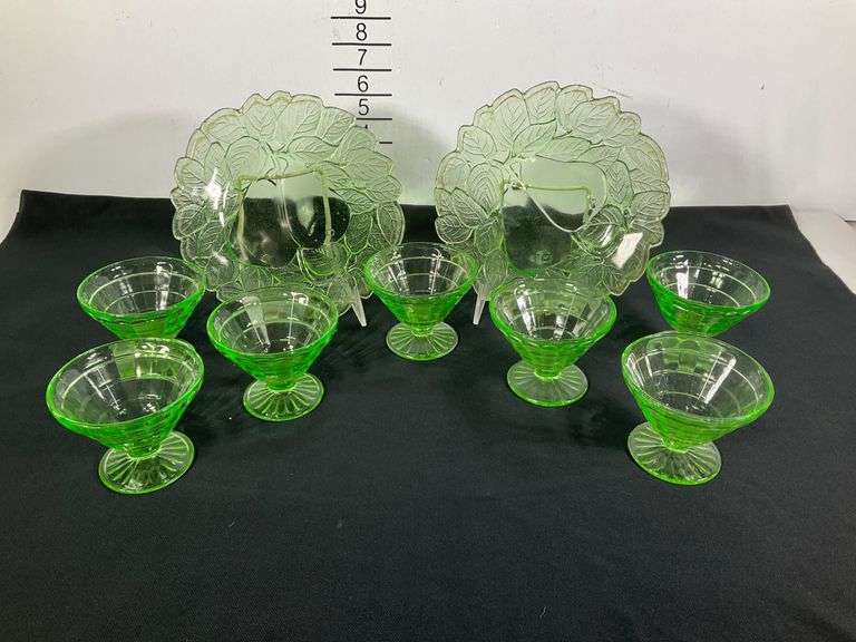 Uranium Glass Plates and Sherbet Cups With Leaf and Pear Motif - Hash ...