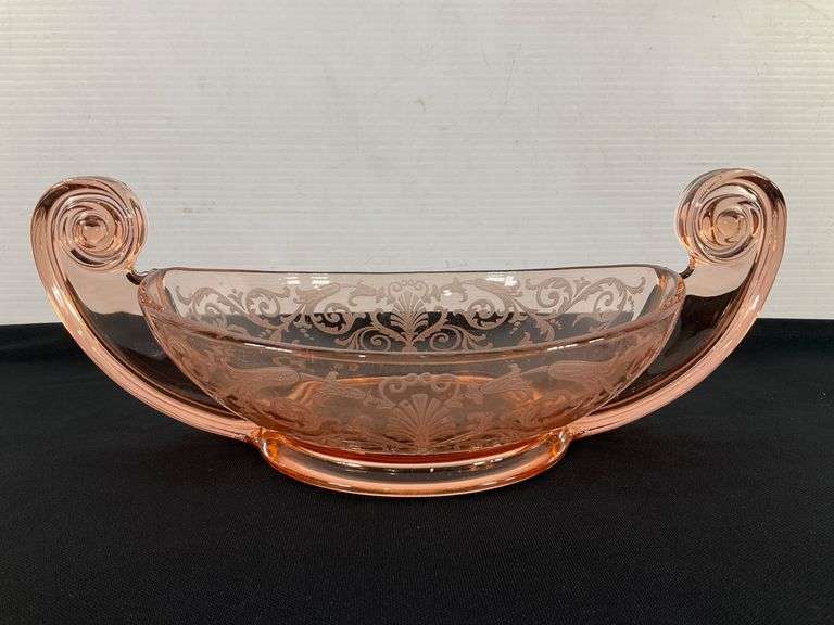 Pink Etched Glass Bowl with Scroll Handles - Hash Auctions