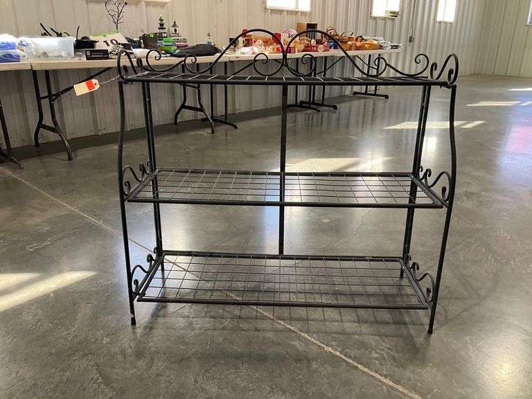 Three-Tier Grid-Style Shelf Unit with Decorative Scrollwork - Hash Auctions
