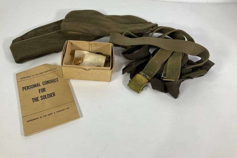 Military Personal Items Including Army Pamphlet, Uniform Caps, Brass ...