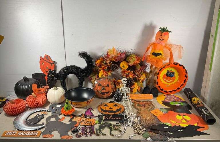 Large Assortment of Halloween Decorations, Including Hanging Signs ...