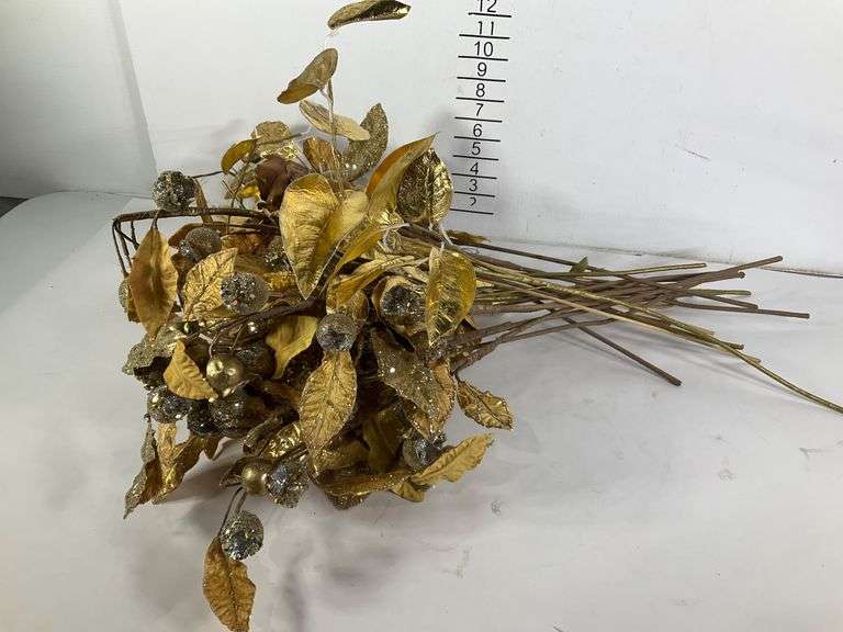 Artificial Floral Stems with Glittered Gold Foliage and Decorative ...