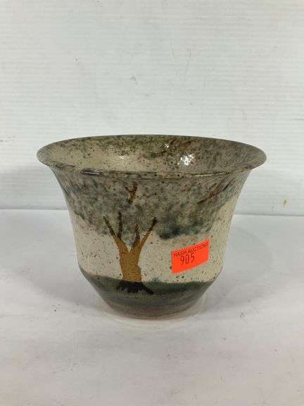 Handcrafted Ceramic Vase with Tree Motif, 5.5in Tall - Hash Auctions