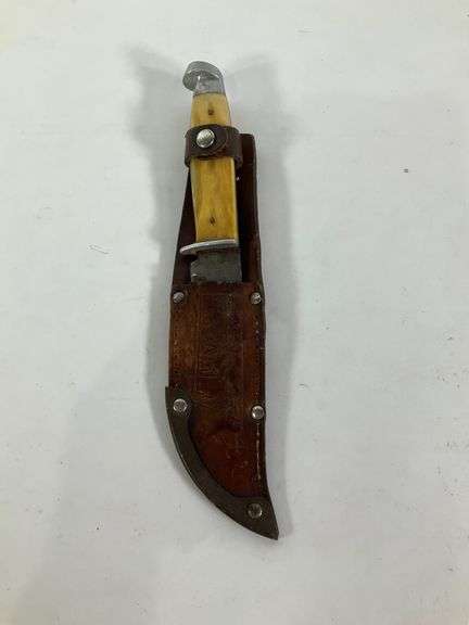 Fixed Blade Knife with Yellow Handle and Leather Sheath - Hash Auctions