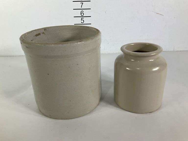 Two Beige Ceramic Containers Including a Flat-Base Jar and Small ...