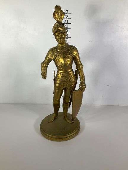 Gilded Figurine of a Knight in Armor with Shield and Plumed Helmet ...