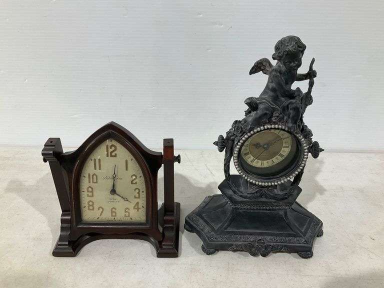Two Table Clocks: Gothic-Inspired Mantel Clock and Cherub Figural Clock ...