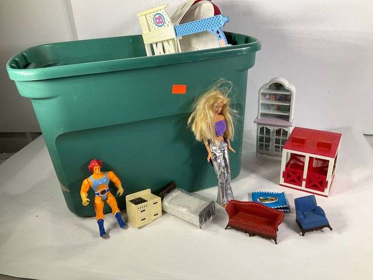Dolls, Action Figure, Dollhouse Furniture, and Plastic Storage Bin ...