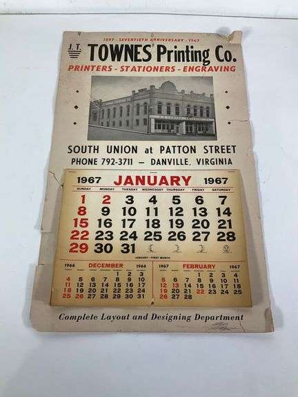 1967 Townes Printing Co. Advertising Calendar with January Month ...
