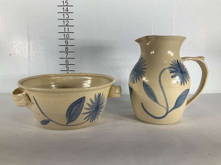 Two-Piece Blue Flower Motif Pottery Set with Pitcher and Bowl - Hash ...