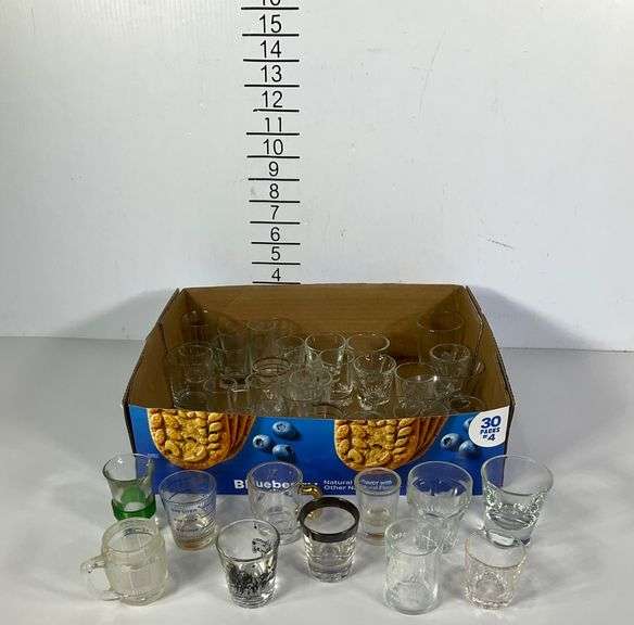 Collection of Assorted Glass Shot Glasses in Cardboard Box - Hash Auctions
