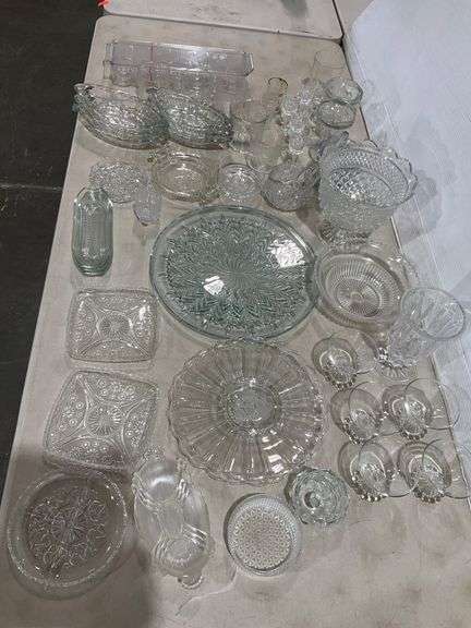 2 boxes: Collection of Pressed and Molded Clear Glass Tableware - Hash ...
