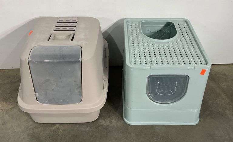 Set of Two Plastic Enclosed Cat Litter Boxes, Top and Front Entry ...