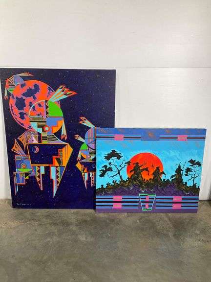 Pair of Acrylic Native American Paintings by Ran E. Heaton, 1996 and ...
