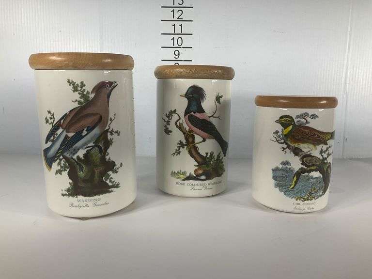 Set of Three Ceramic Bird Motif Storage Canisters with Wooden Lids ...