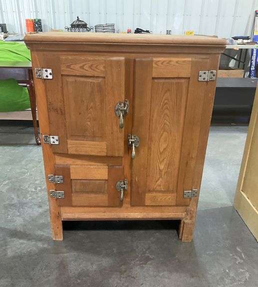 Wood Ice Box with Metal Interior and Wire Shelves, 31”L x 17”W x 39”H ...