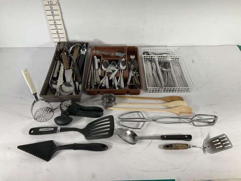 Assorted Kitchen Utensils and Flatware with Trays - Hash Auctions