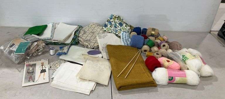 Assorted Sewing and Craft Supplies, Including Yarn, Fabric, and ...