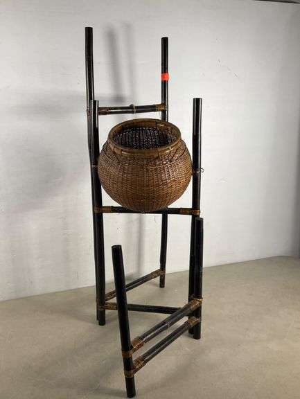 Pier 1 Imports Bamboo Stand with 3-Bar Rattan Basket, 32″ Tall - Hash ...