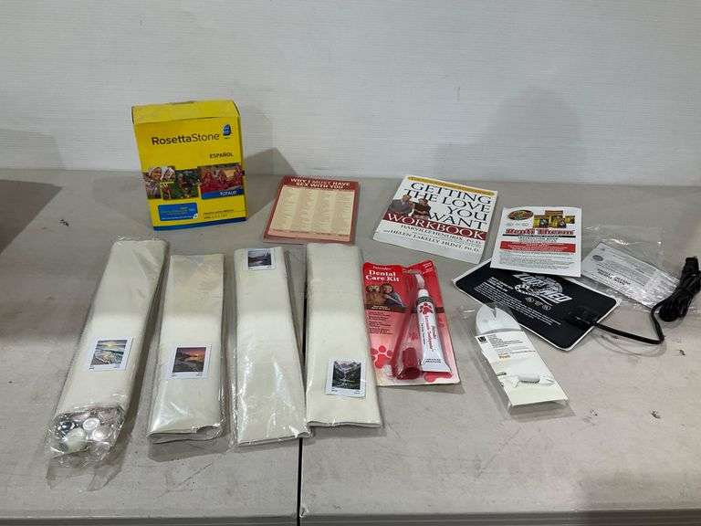 Assorted Items Including Dental Kit, Rosetta Stone, Books, and Canvas ...