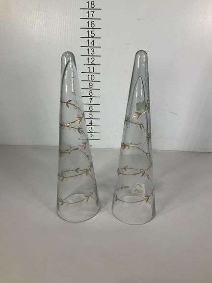 Pair of Clear Glass Cone Decorations with Gold Leaf Pattern - Hash Auctions