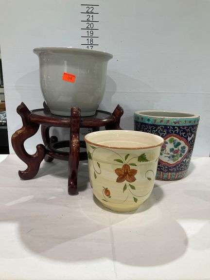 Group of Three Ceramic Planters with Ornamental Stand - Hash Auctions