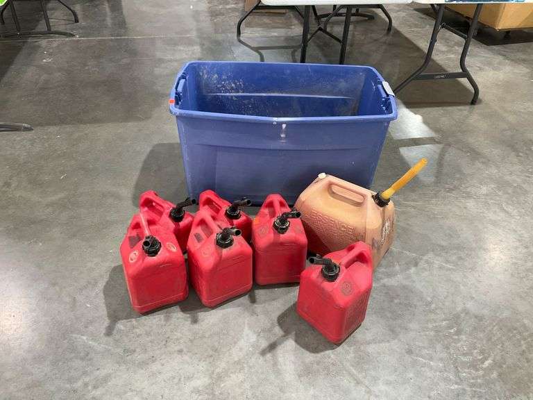 Collection of Plastic Fuel Containers and Large Blue Storage Bin - Hash ...