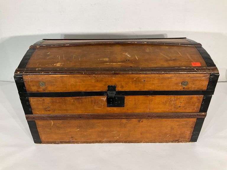 Domed-Top Wood Chest with Black Metal Straps and Lined Interior ...