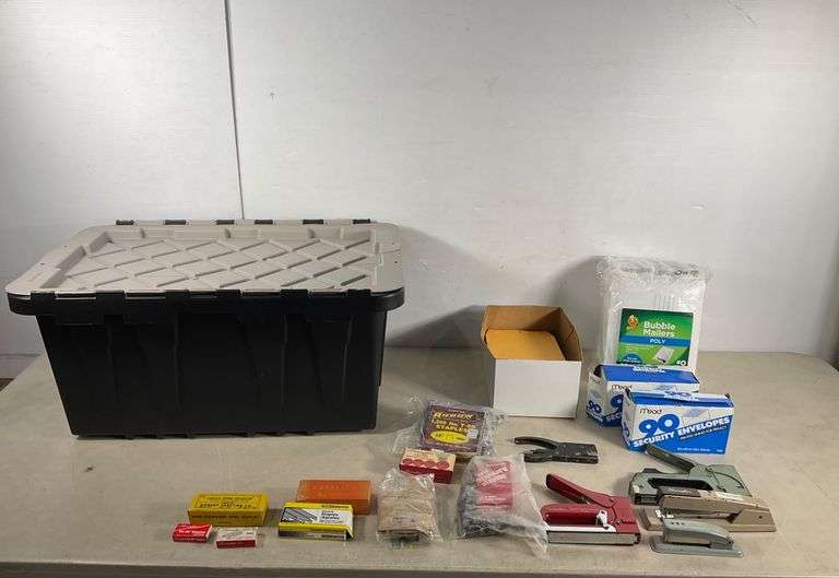 Assortment of Staplers, Staples, Envelopes, Bubble Mailers, and Storage ...