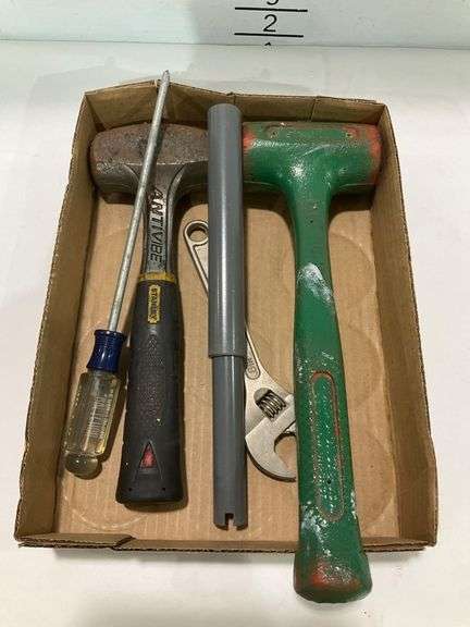 Assorted Hand Tools Including Hammers, Screwdriver, Wrench, and Plastic ...
