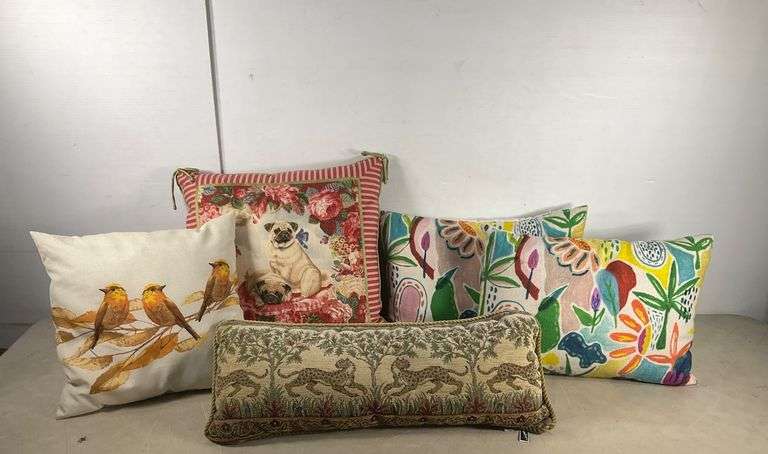 Assorted Decorative Throw Pillows Including Needlepoint and Printed ...