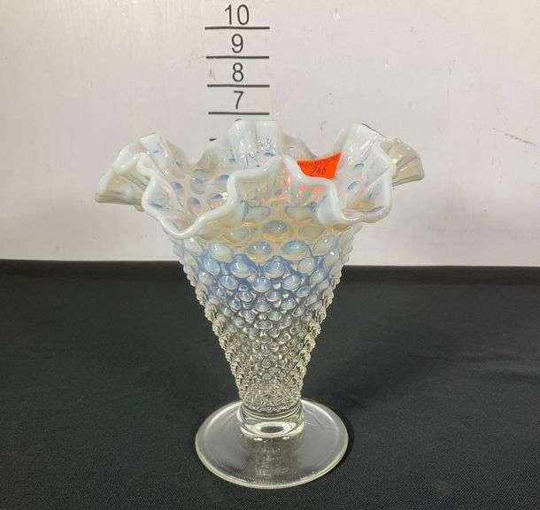 Clear Glass Hobnail Vase with Opalescent Ruffled Rim - Hash Auctions