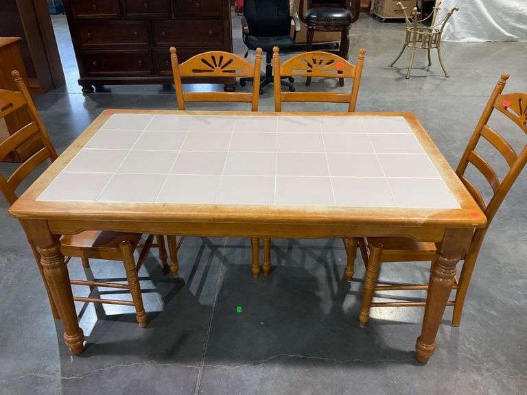 Table with 36×60” Tiled Top and Six Matching Ladder-Back Chairs - Hash ...