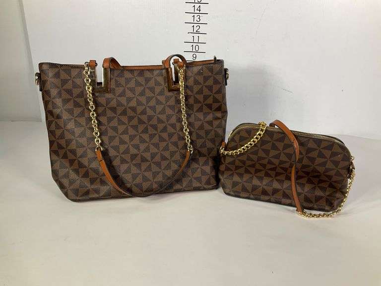 Two-Piece Brown Geometric Patterned Handbag and Shoulder Bag Set - Hash ...