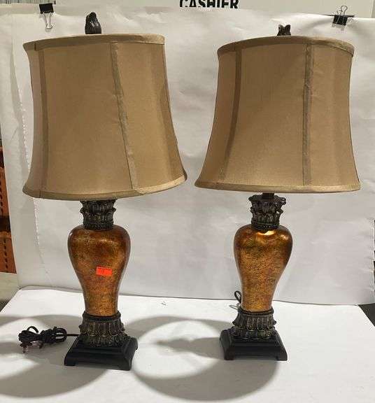 Pair of Bronze-Tone Table Lamps with Beige Fabric Shades - Hash Auctions