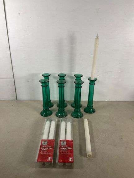 Set of 7 Green Glass Taper Candle Holders with 3 Packs of LED Wax Taper ...
