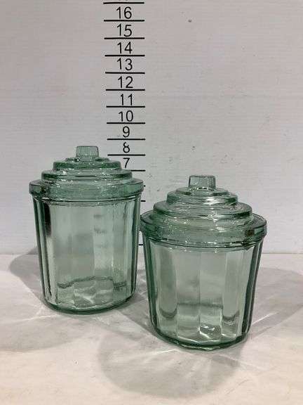 Set of Two Tiered Green Glass Storage Jars with Lids - Hash Auctions