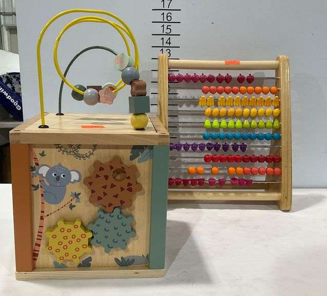 Wooden Multi-Activity Cube and Abacus with Brightly Colored Beads ...