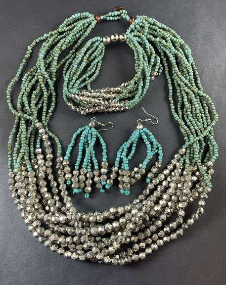 Sterling silver turquoise color seed bead multi layer 20in necklace ...