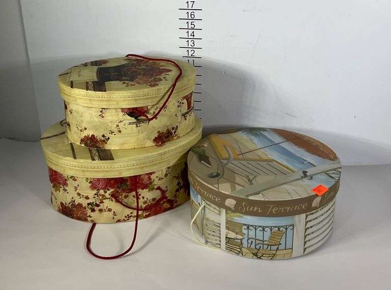 Set of Three Decorative Round Cardboard Storage Boxes With Handles ...