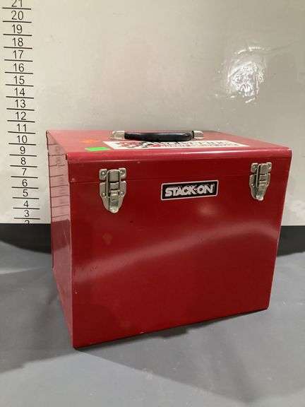 Red Stack-On Metal Storage Box with Handle and Dual Latches - Hash Auctions